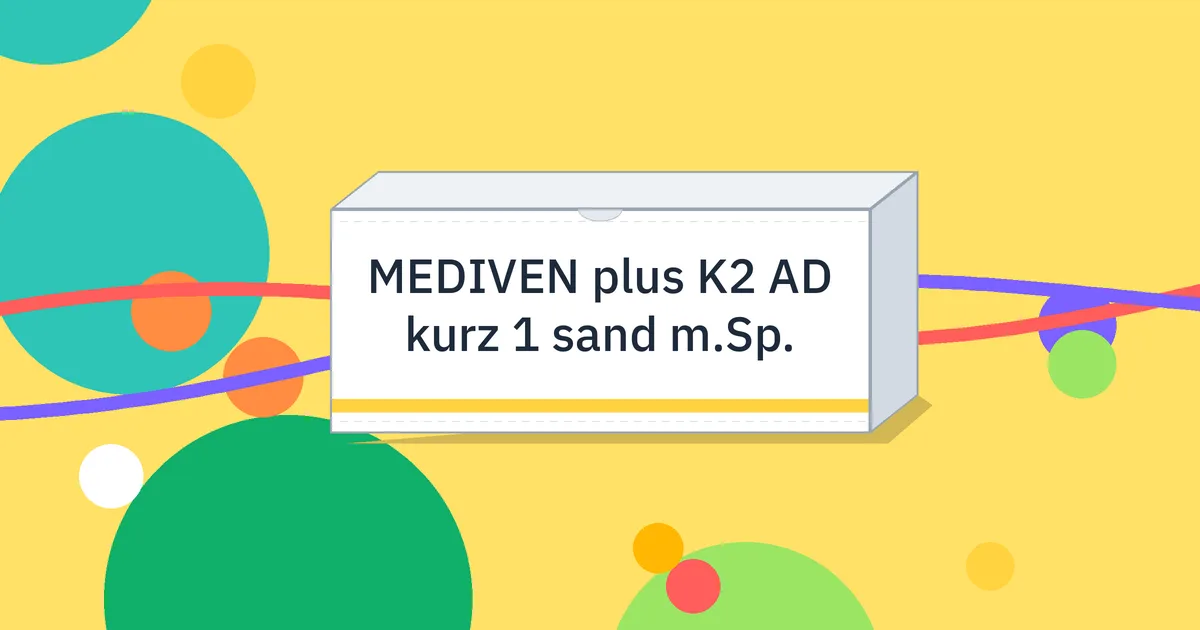 Symbolbild: Packung mit der Aufschrift MEDIVEN plus K2 AD kurz 1 sand m.Sp. (PZN 18947042) – Verfügbarkeit und Bezug in Apotheken in Frankfurt am Main