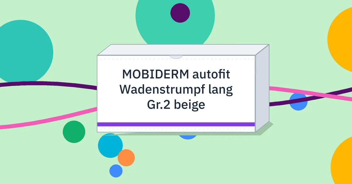 Symbolbild: Packung mit der Aufschrift MOBIDERM autofit Wadenstrumpf lang Gr.2 beige (PZN 13969961) – Verfügbarkeit und Bezug in Apotheken in Frankfurt am Main