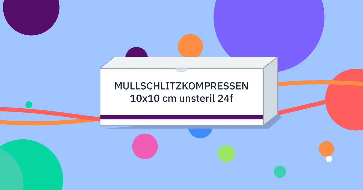 Symbolbild: Packung mit der Aufschrift MULLSCHLITZKOMPRESSEN 10x10 cm unsteril 24f (PZN 12491115) – Verfügbarkeit und Bezug in Apotheken in Frankfurt am Main