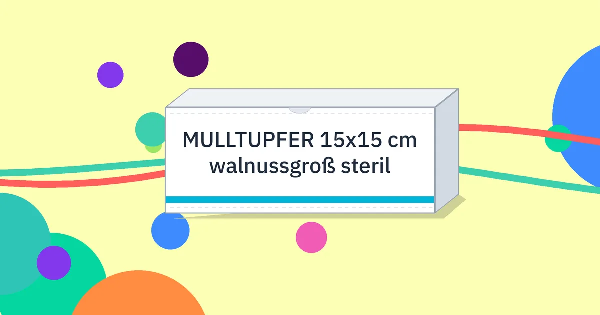 Symbolbild: Packung mit der Aufschrift MULLTUPFER 15x15 cm walnussgroß steril (PZN 07118377) – Verfügbarkeit und Bezug in Apotheken in Frankfurt am Main