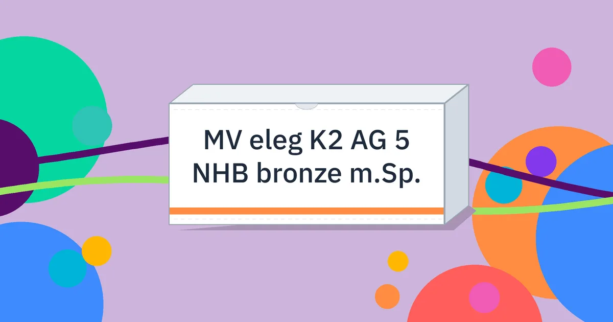 Symbolbild: Packung mit der Aufschrift MV eleg K2 AG 5 NHB bronze m.Sp. (PZN 15730661) – Verfügbarkeit und Bezug in Apotheken in Frankfurt am Main