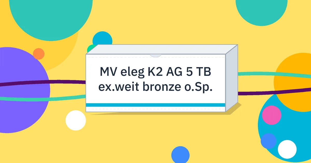 Symbolbild: Packung mit der Aufschrift MV eleg K2 AG 5 TB ex.weit bronze o.Sp. (PZN 14719309) – Verfügbarkeit und Bezug in Apotheken in Frankfurt am Main