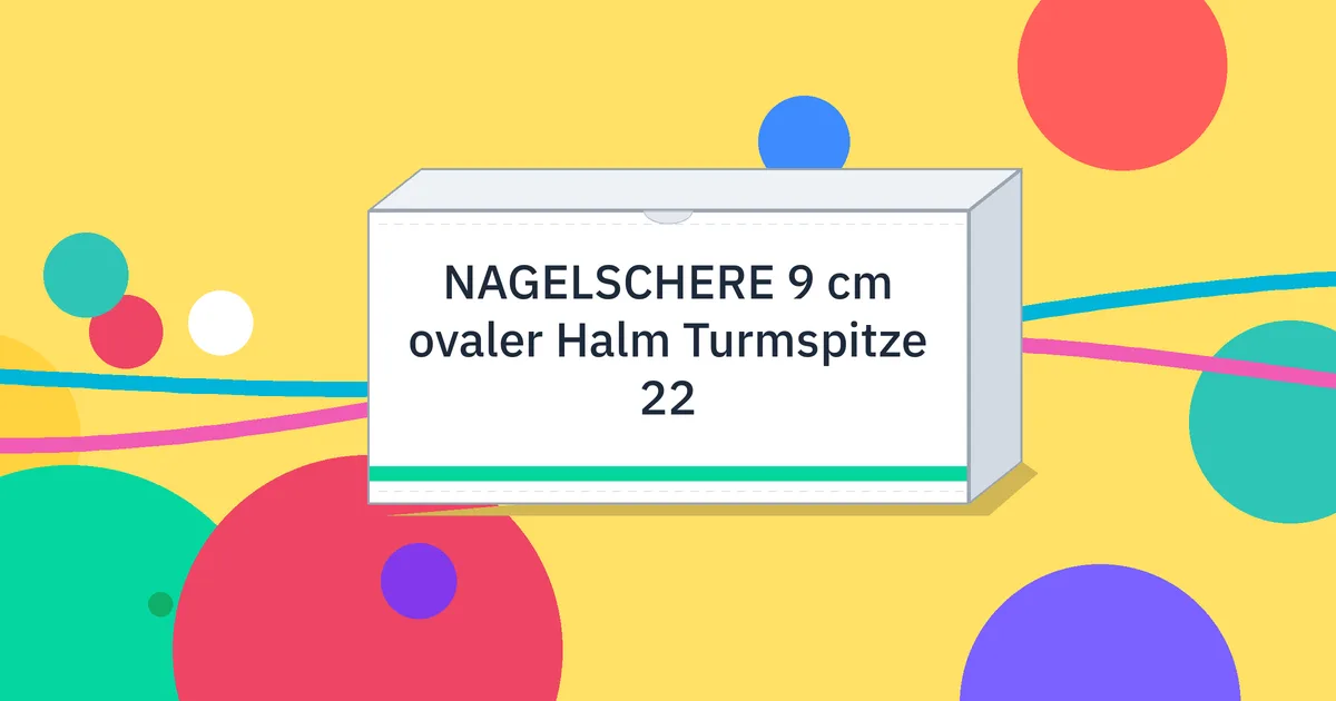 Symbolbild: Packung mit der Aufschrift NAGELSCHERE 9 cm ovaler Halm Turmspitze 22 (PZN 19283354) – Verfügbarkeit und Bezug in Apotheken in Frankfurt am Main