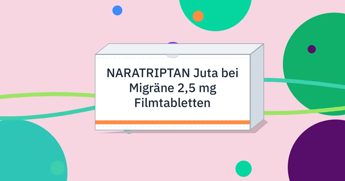 Symbolbild: Packung mit der Aufschrift NARATRIPTAN Juta bei Migräne 2,5 mg Filmtabletten (PZN 18110634) – Verfügbarkeit und Bezug in Apotheken in Frankfurt am Main