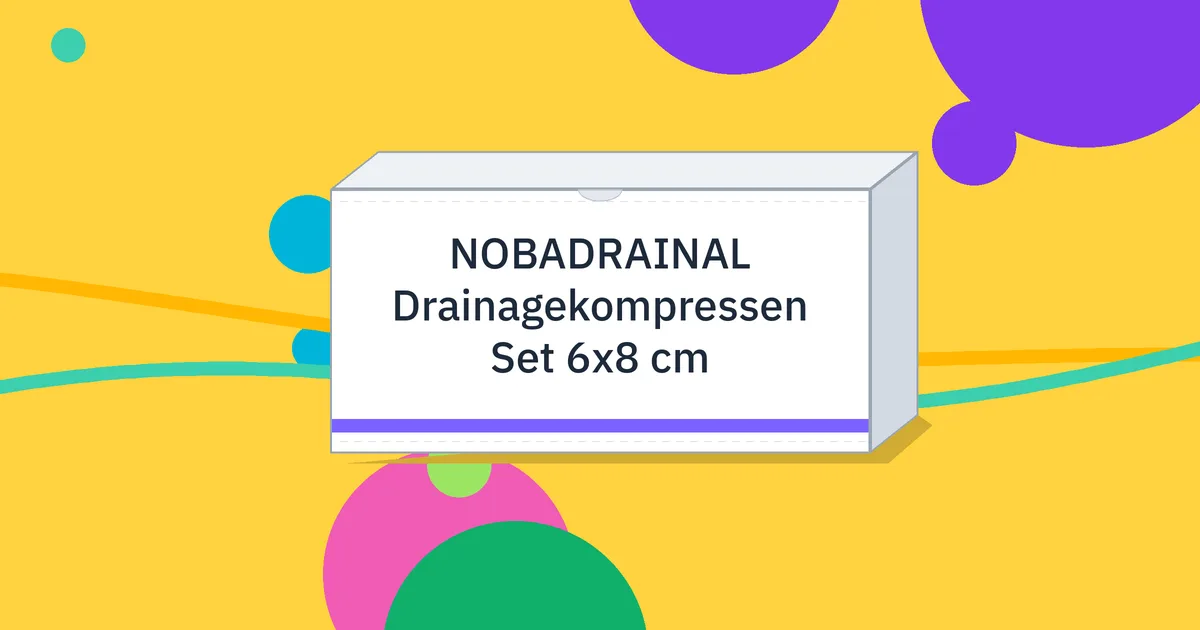 Symbolbild: Packung mit der Aufschrift NOBADRAINAL Drainagekompressen Set 6x8 cm (PZN 06583907) – Verfügbarkeit und Bezug in Apotheken in Frankfurt am Main