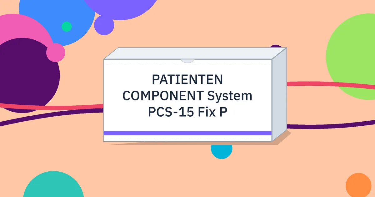 Symbolbild: Packung mit der Aufschrift PATIENTEN COMPONENT System PCS-15 Fix P (PZN 18601303) – Verfügbarkeit und Bezug in Apotheken in Frankfurt am Main