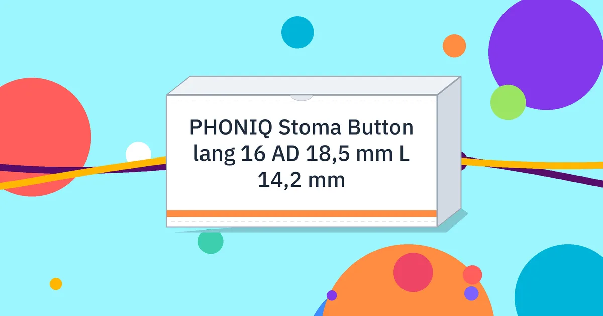 Symbolbild: Packung mit der Aufschrift PHONIQ Stoma Button lang 16 AD 18,5 mm L 14,2 mm (PZN 17381615) – Verfügbarkeit und Bezug in Apotheken in Frankfurt am Main