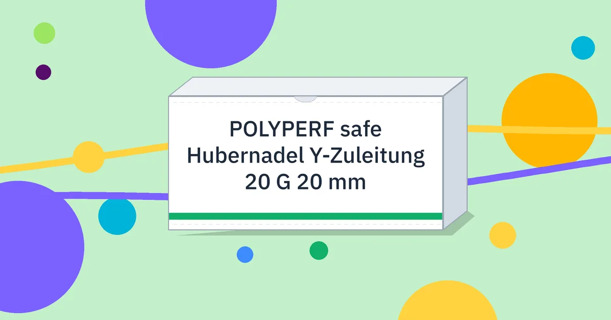 Symbolbild: Packung mit der Aufschrift POLYPERF safe Hubernadel Y-Zuleitung 20 G 20 mm (PZN 18113986) – Verfügbarkeit und Bezug in Apotheken in Frankfurt am Main