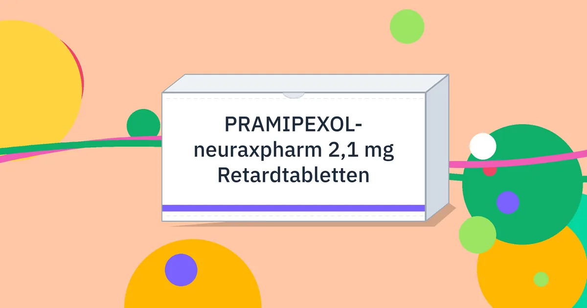 Symbolbild: Packung mit der Aufschrift PRAMIPEXOL-neuraxpharm 2,1 mg Retardtabletten (PZN 12419980) – Verfügbarkeit und Bezug in Apotheken in Frankfurt am Main