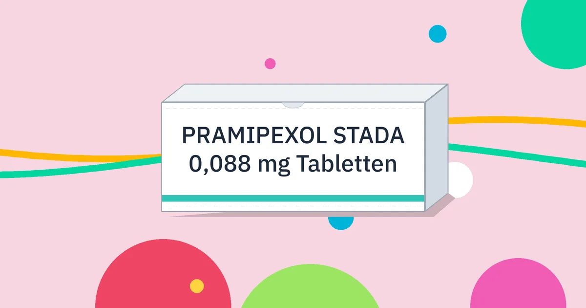 Symbolbild: Packung mit der Aufschrift PRAMIPEXOL STADA 0,088 mg Tabletten (PZN 06560473) – Verfügbarkeit und Bezug in Apotheken in Frankfurt am Main