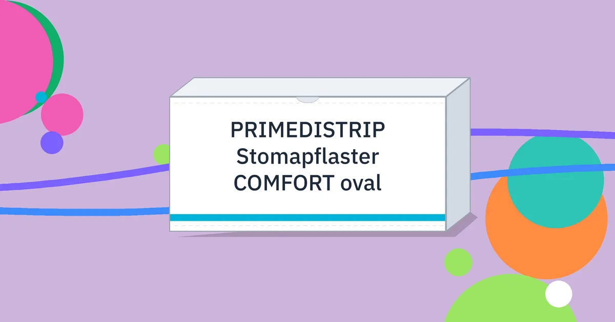 Symbolbild: Packung mit der Aufschrift PRIMEDISTRIP Stomapflaster COMFORT oval (PZN 11522210) – Verfügbarkeit und Bezug in Apotheken in Frankfurt am Main