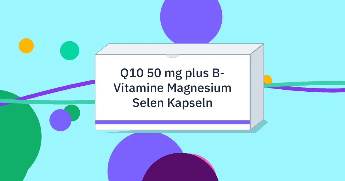 Symbolbild: Packung mit der Aufschrift Q10 50 mg plus B-Vitamine Magnesium Selen Kapseln (PZN 12528261) – Verfügbarkeit und Bezug in Apotheken in Frankfurt am Main