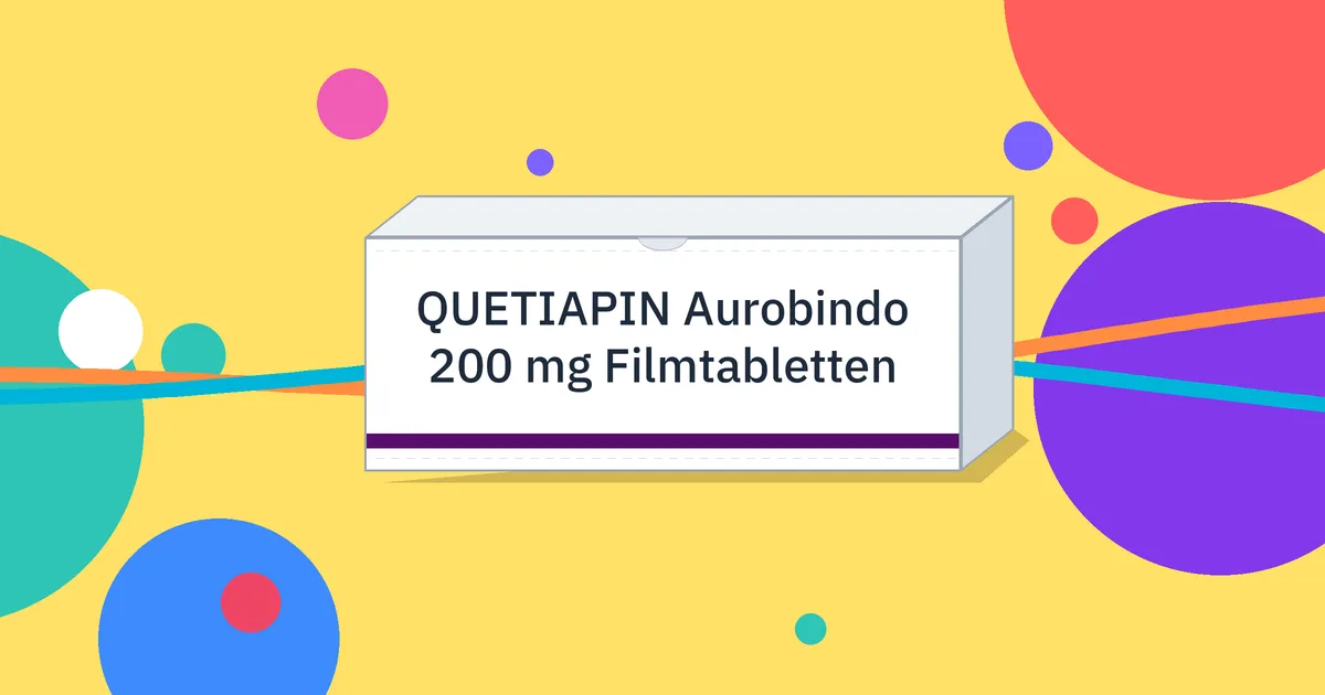 Symbolbild: Packung mit der Aufschrift QUETIAPIN Aurobindo 200 mg Filmtabletten (PZN 01341068) – Verfügbarkeit und Bezug in Apotheken in Frankfurt am Main