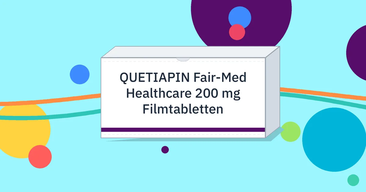 Symbolbild: Packung mit der Aufschrift QUETIAPIN Fair-Med Healthcare 200 mg Filmtabletten (PZN 14167873) – Verfügbarkeit und Bezug in Apotheken in Frankfurt am Main