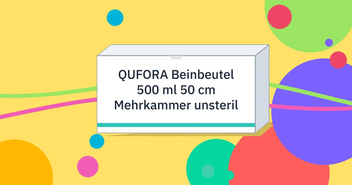 Symbolbild: Packung mit der Aufschrift QUFORA Beinbeutel 500 ml 50 cm Mehrkammer unsteril (PZN 01571408) – Verfügbarkeit und Bezug in Apotheken in Frankfurt am Main