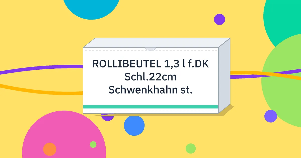 Symbolbild: Packung mit der Aufschrift ROLLIBEUTEL 1,3 l f.DK Schl.22cm Schwenkhahn st. (PZN 06094597) – Verfügbarkeit und Bezug in Apotheken in Frankfurt am Main