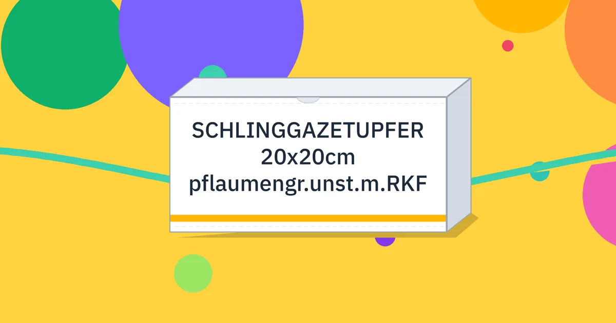 Symbolbild: Packung mit der Aufschrift SCHLINGGAZETUPFER 20x20cm pflaumengr.unst.m.RKF (PZN 06953882) – Verfügbarkeit und Bezug in Apotheken in Frankfurt am Main