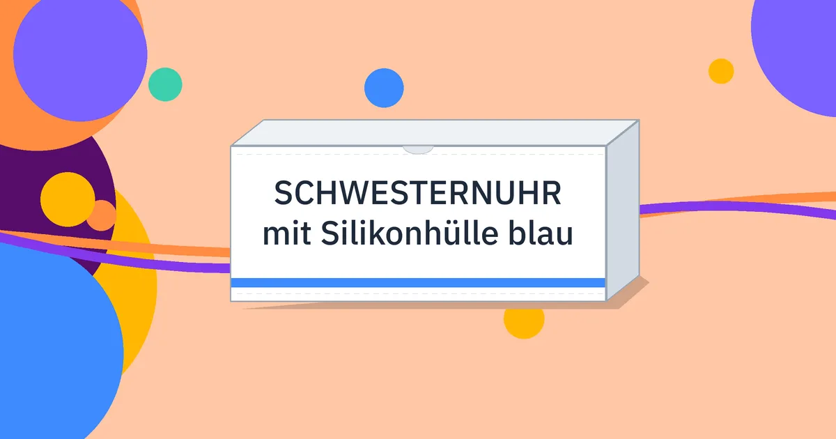 Symbolbild: Packung mit der Aufschrift SCHWESTERNUHR mit Silikonhülle blau (PZN 10553964) – Verfügbarkeit und Bezug in Apotheken in Frankfurt am Main