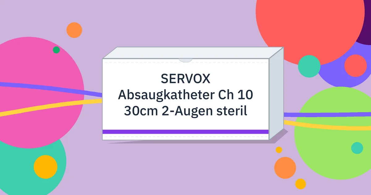 Symbolbild: Packung mit der Aufschrift SERVOX Absaugkatheter Ch 10 30cm 2-Augen steril (PZN 16394946) – Verfügbarkeit und Bezug in Apotheken in Frankfurt am Main