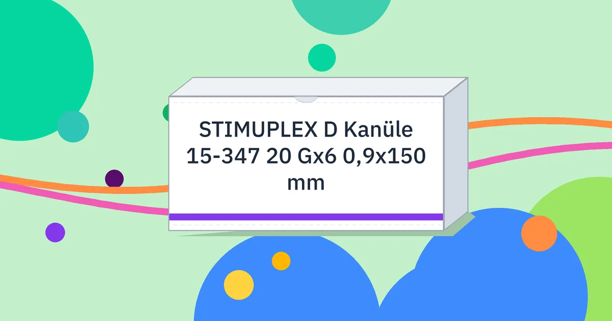 Symbolbild: Packung mit der Aufschrift STIMUPLEX D Kanüle 15-347 20 Gx6 0,9x150 mm (PZN 14138392) – Verfügbarkeit und Bezug in Apotheken in Frankfurt am Main