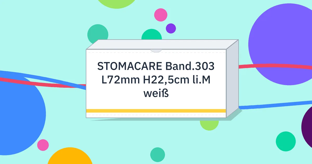 Symbolbild: Packung mit der Aufschrift STOMACARE Band.303 L72mm H22,5cm li.M weiß (PZN 03414765) – Verfügbarkeit und Bezug in Apotheken in Frankfurt am Main