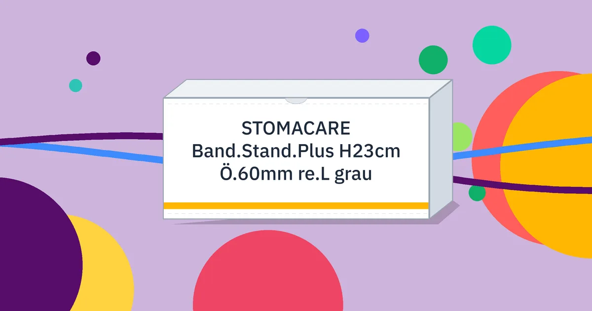 Symbolbild: Packung mit der Aufschrift STOMACARE Band.Stand.Plus H23cm Ö.60mm re.L grau (PZN 16750861) – Verfügbarkeit und Bezug in Apotheken in Frankfurt am Main