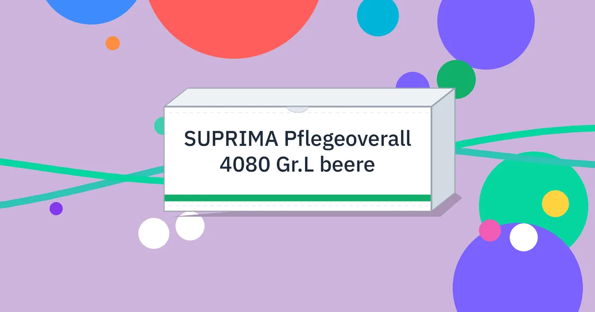 Symbolbild: Packung mit der Aufschrift SUPRIMA Pflegeoverall 4080 Gr.L beere (PZN 07330054) – Verfügbarkeit und Bezug in Apotheken in Frankfurt am Main