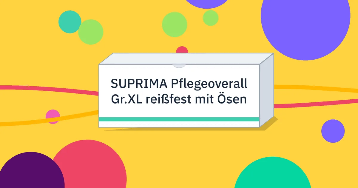 Symbolbild: Packung mit der Aufschrift SUPRIMA Pflegeoverall Gr.XL reißfest mit Ösen (PZN 00082127) – Verfügbarkeit und Bezug in Apotheken in Frankfurt am Main