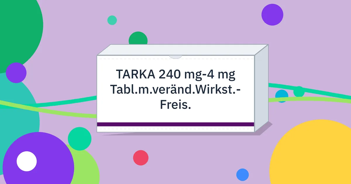 Symbolbild: Packung mit der Aufschrift TARKA 240 mg-4 mg Tabl.m.veränd.Wirkst.-Freis. (PZN 03359486) – Verfügbarkeit und Bezug in Apotheken in Frankfurt am Main