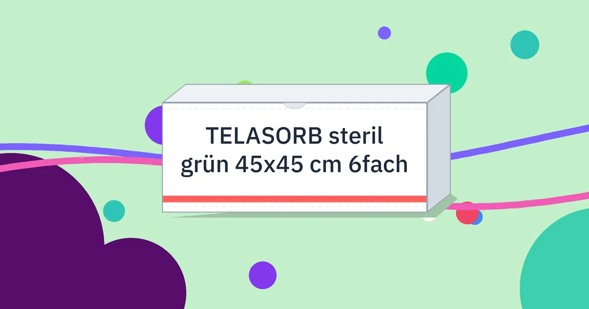 Symbolbild: Packung mit der Aufschrift TELASORB steril grün 45x45 cm 6fach (PZN 06893298) – Verfügbarkeit und Bezug in Apotheken in Frankfurt am Main