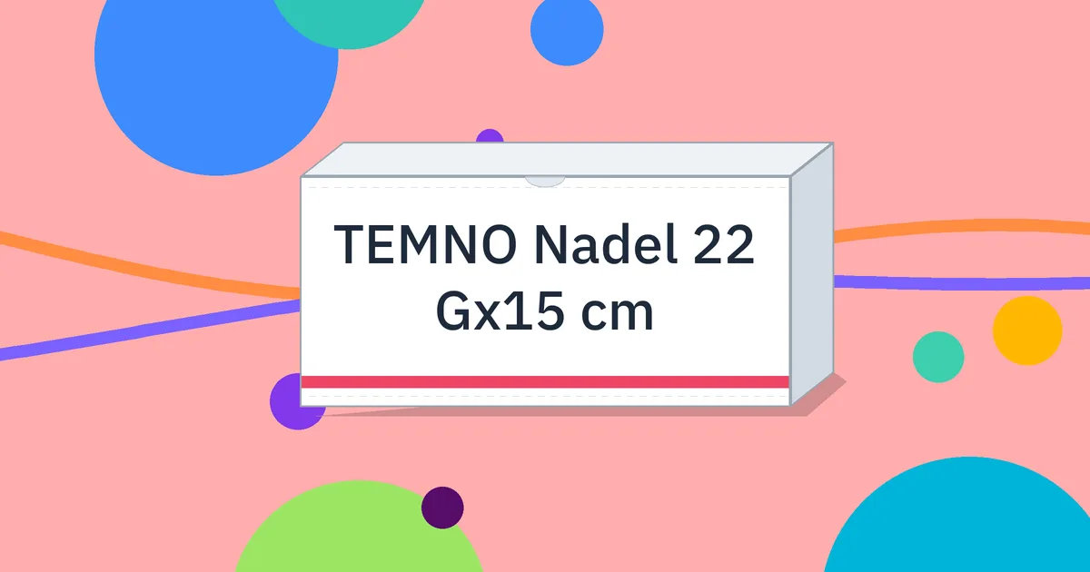 Symbolbild: Packung mit der Aufschrift TEMNO Nadel 22 Gx15 cm (PZN 18764790) – Verfügbarkeit und Bezug in Apotheken in Frankfurt am Main