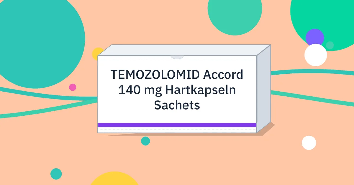 Symbolbild: Packung mit der Aufschrift TEMOZOLOMID Accord 140 mg Hartkapseln Sachets (PZN 14440866) – Verfügbarkeit und Bezug in Apotheken in Frankfurt am Main