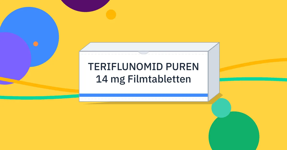 Symbolbild: Packung mit der Aufschrift TERIFLUNOMID PUREN 14 mg Filmtabletten (PZN 19557627) – Verfügbarkeit und Bezug in Apotheken in Frankfurt am Main