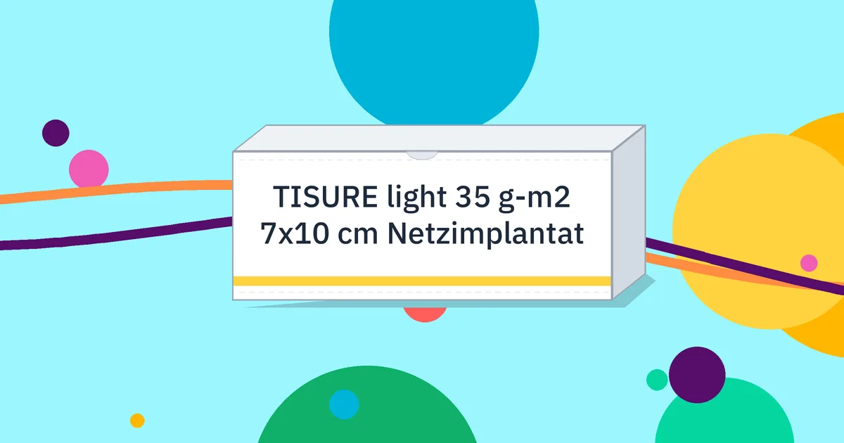 Symbolbild: Packung mit der Aufschrift TISURE light 35 g-m2 7x10 cm Netzimplantat (PZN 18158084) – Verfügbarkeit und Bezug in Apotheken in Frankfurt am Main