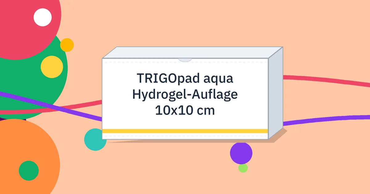 Symbolbild: Packung mit der Aufschrift TRIGOpad aqua Hydrogel-Auflage 10x10 cm (PZN 20342702) – Verfügbarkeit und Bezug in Apotheken in Frankfurt am Main