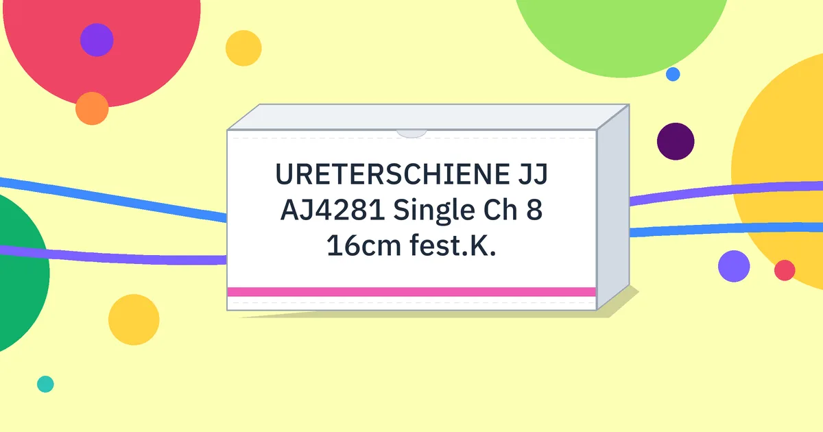 Symbolbild: Packung mit der Aufschrift URETERSCHIENE JJ AJ4281 Single Ch 8 16cm fest.K. (PZN 00753107) – Verfügbarkeit und Bezug in Apotheken in Frankfurt am Main