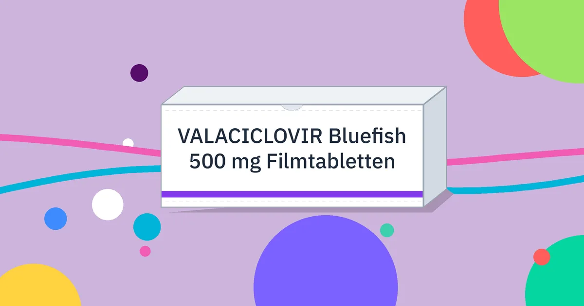 Symbolbild: Packung mit der Aufschrift VALACICLOVIR Bluefish 500 mg Filmtabletten (PZN 05116486) – Verfügbarkeit und Bezug in Apotheken in Frankfurt am Main