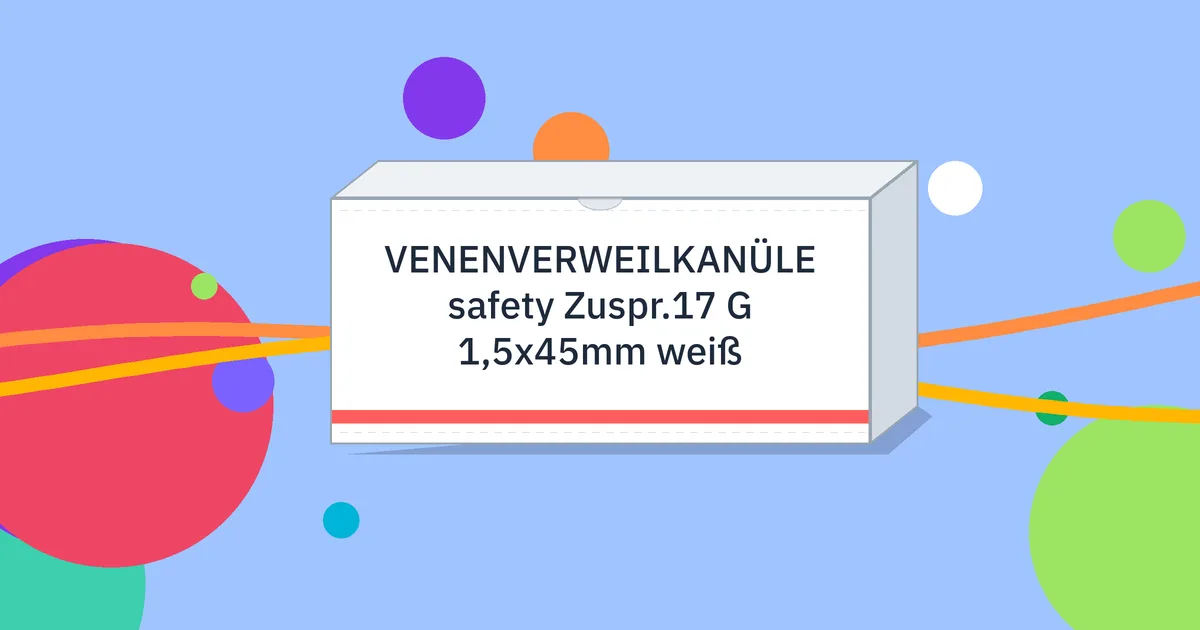 Symbolbild: Packung mit der Aufschrift VENENVERWEILKANÜLE safety Zuspr.17 G 1,5x45mm weiß (PZN 18717796) – Verfügbarkeit und Bezug in Apotheken in Frankfurt am Main