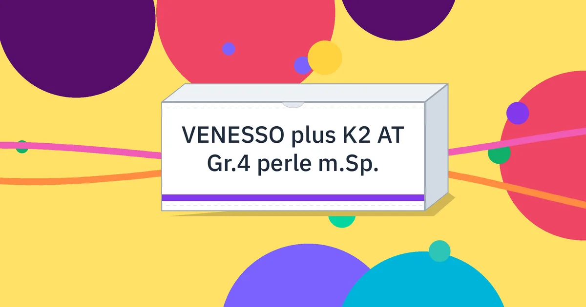 Symbolbild: Packung mit der Aufschrift VENESSO plus K2 AT Gr.4 perle m.Sp. (PZN 03285919) – Verfügbarkeit und Bezug in Apotheken in Frankfurt am Main