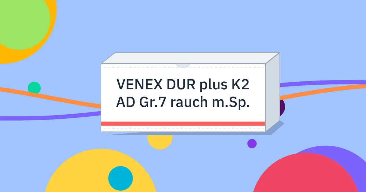 Symbolbild: Packung mit der Aufschrift VENEX DUR plus K2 AD Gr.7 rauch m.Sp. (PZN 03233182) – Verfügbarkeit und Bezug in Apotheken in Frankfurt am Main