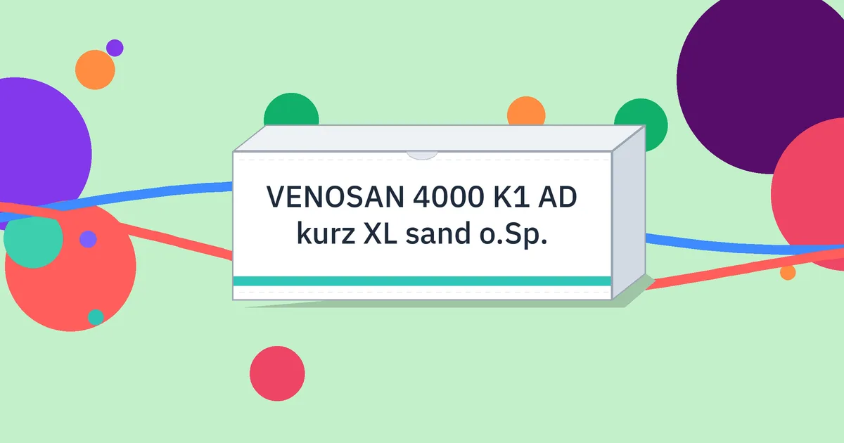 Symbolbild: Packung mit der Aufschrift VENOSAN 4000 K1 AD kurz XL sand o.Sp. (PZN 14421840) – Verfügbarkeit und Bezug in Apotheken in Frankfurt am Main