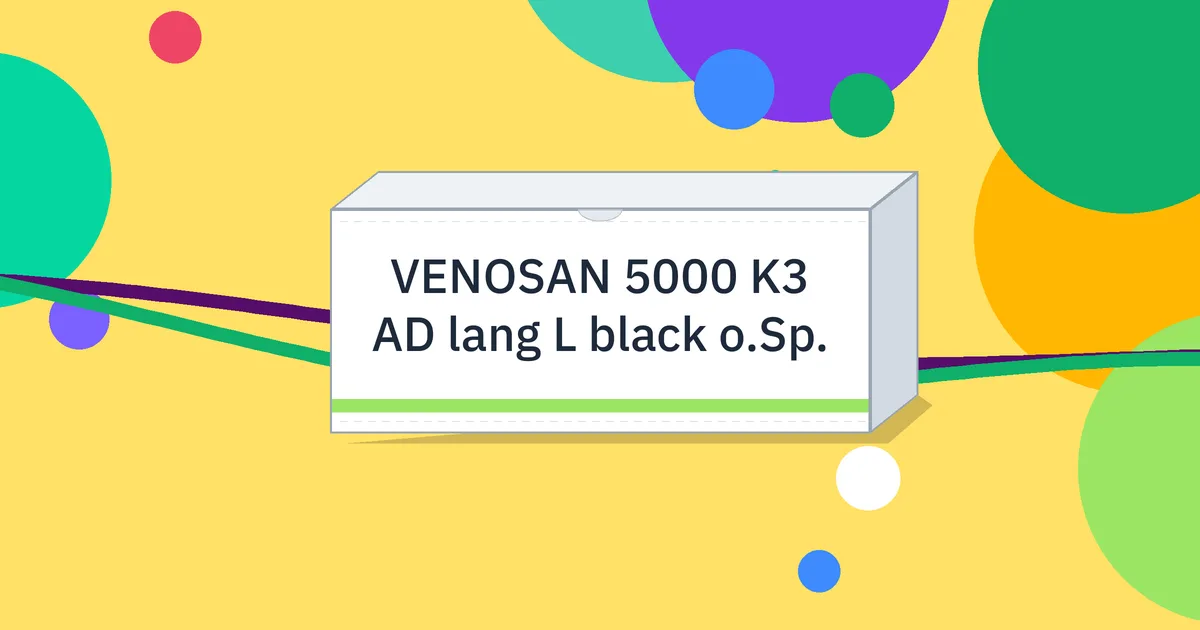 Symbolbild: Packung mit der Aufschrift VENOSAN 5000 K3 AD lang L black o.Sp. (PZN 14433872) – Verfügbarkeit und Bezug in Apotheken in Frankfurt am Main