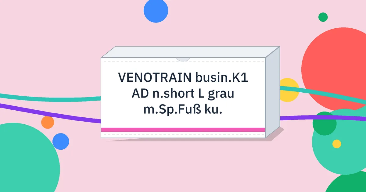 Symbolbild: Packung mit der Aufschrift VENOTRAIN busin.K1 AD n.short L grau m.Sp.Fuß ku. (PZN 19057178) – Verfügbarkeit und Bezug in Apotheken in Frankfurt am Main