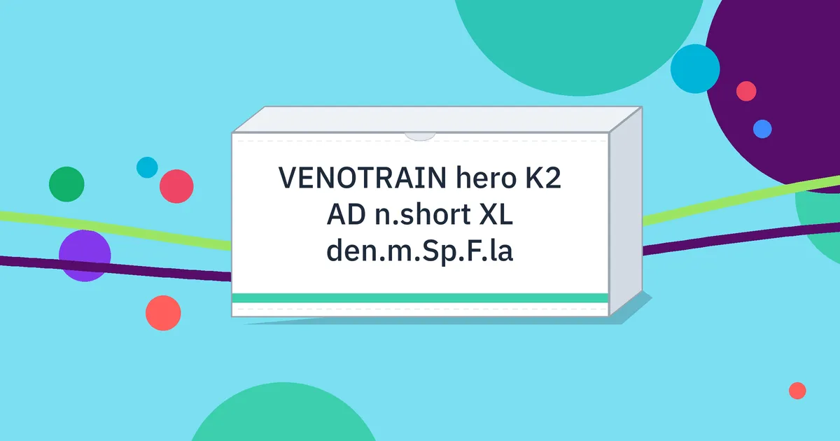 Symbolbild: Packung mit der Aufschrift VENOTRAIN hero K2 AD n.short XL den.m.Sp.F.la (PZN 19191037) – Verfügbarkeit und Bezug in Apotheken in Frankfurt am Main
