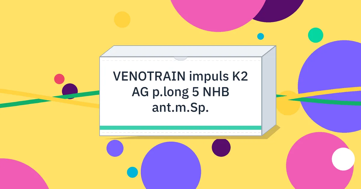 Symbolbild: Packung mit der Aufschrift VENOTRAIN impuls K2 AG p.long 5 NHB ant.m.Sp. (PZN 15214853) – Verfügbarkeit und Bezug in Apotheken in Frankfurt am Main