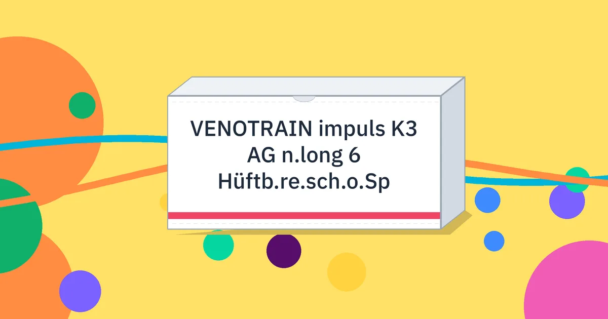 Symbolbild: Packung mit der Aufschrift VENOTRAIN impuls K3 AG n.long 6 Hüftb.re.sch.o.Sp (PZN 10294209) – Verfügbarkeit und Bezug in Apotheken in Frankfurt am Main