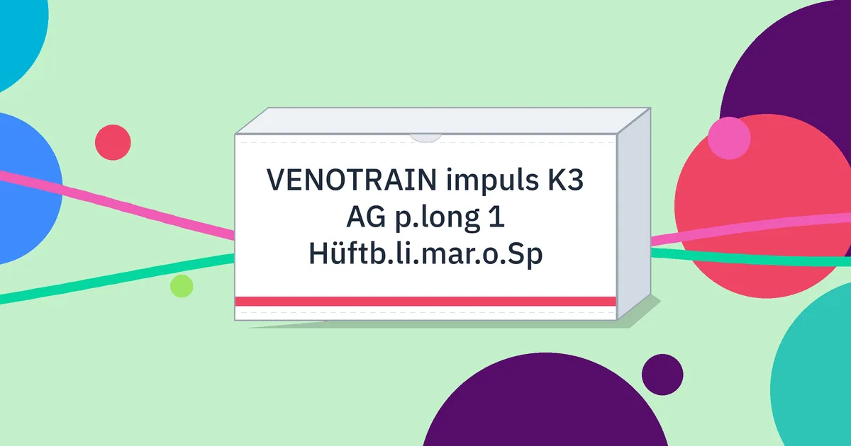 Symbolbild: Packung mit der Aufschrift VENOTRAIN impuls K3 AG p.long 1 Hüftb.li.mar.o.Sp (PZN 15220405) – Verfügbarkeit und Bezug in Apotheken in Frankfurt am Main