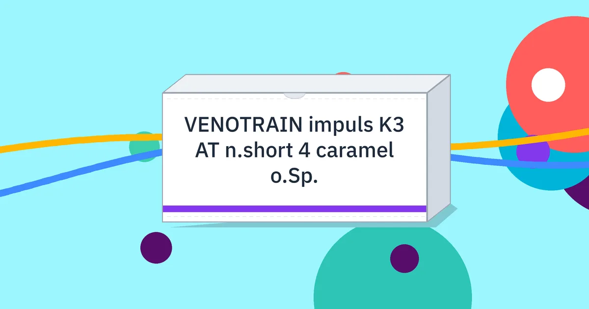 Symbolbild: Packung mit der Aufschrift VENOTRAIN impuls K3 AT n.short 4 caramel o.Sp. (PZN 19355183) – Verfügbarkeit und Bezug in Apotheken in Frankfurt am Main