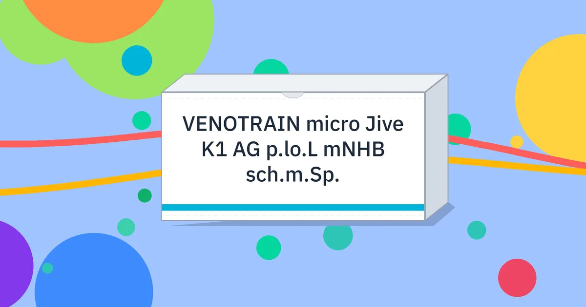 Symbolbild: Packung mit der Aufschrift VENOTRAIN micro Jive K1 AG p.lo.L mNHB sch.m.Sp. (PZN 17762688) – Verfügbarkeit und Bezug in Apotheken in Frankfurt am Main