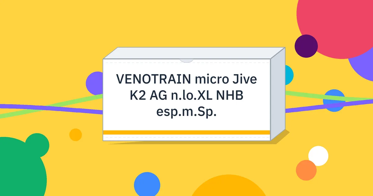 Symbolbild: Packung mit der Aufschrift VENOTRAIN micro Jive K2 AG n.lo.XL NHB esp.m.Sp. (PZN 17765965) – Verfügbarkeit und Bezug in Apotheken in Frankfurt am Main